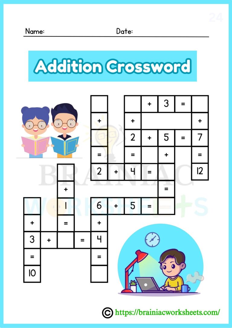 Addition Crossword Puzzle Class 1 Maths Worksheet - Brainiac Worksheets