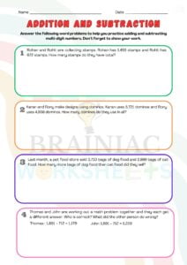 Addition and Subtraction Math Word Problem Worksheet For Class 4 ...