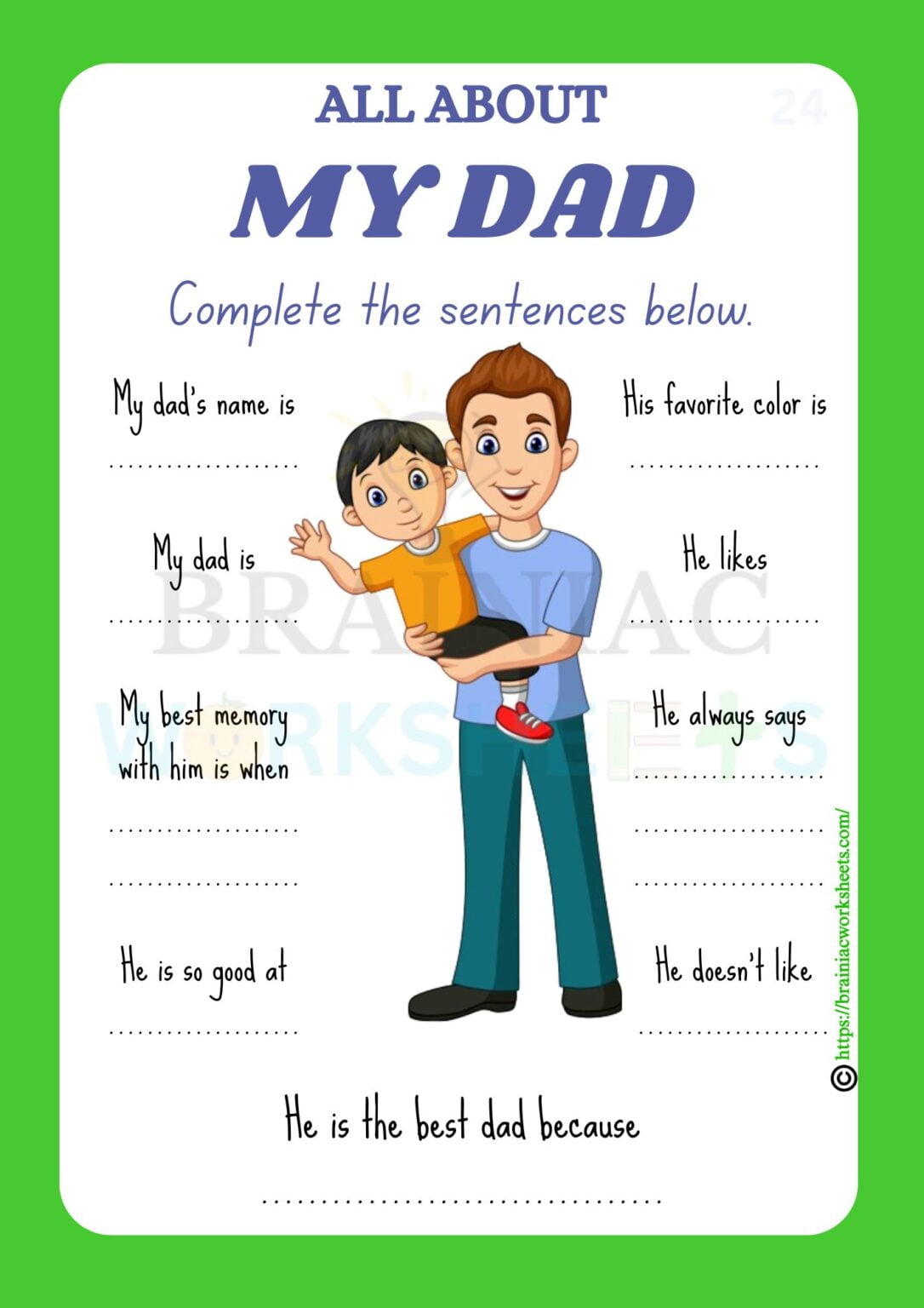 All About My Dad Happy Father's Day Worksheet Class 1 - Brainiac Worksheets