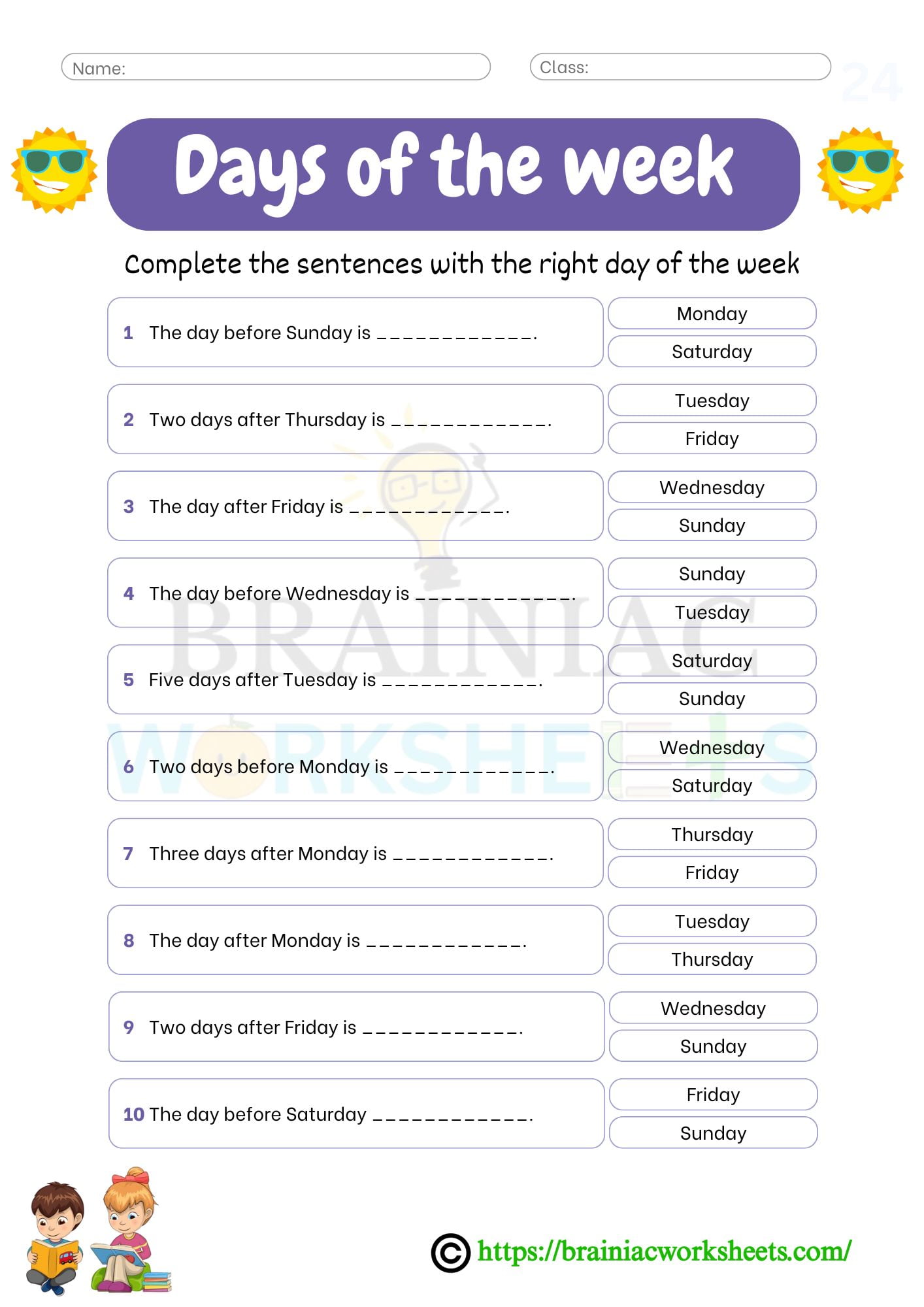 Complete The Sentences Days Of The Week Class 1 English Worksheet ...