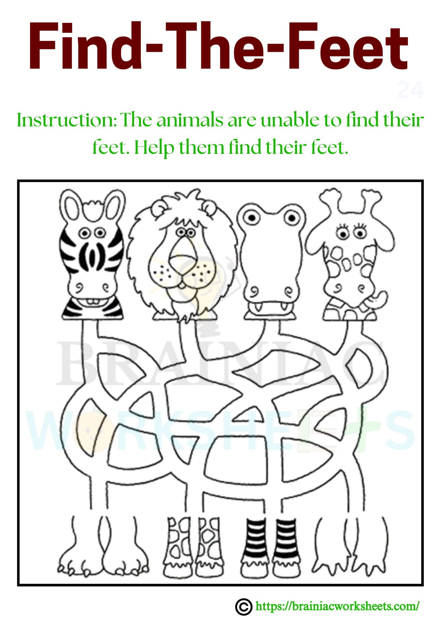 Find The Animal Feet Maze Worksheet For Class 2 - Brainiac Worksheets