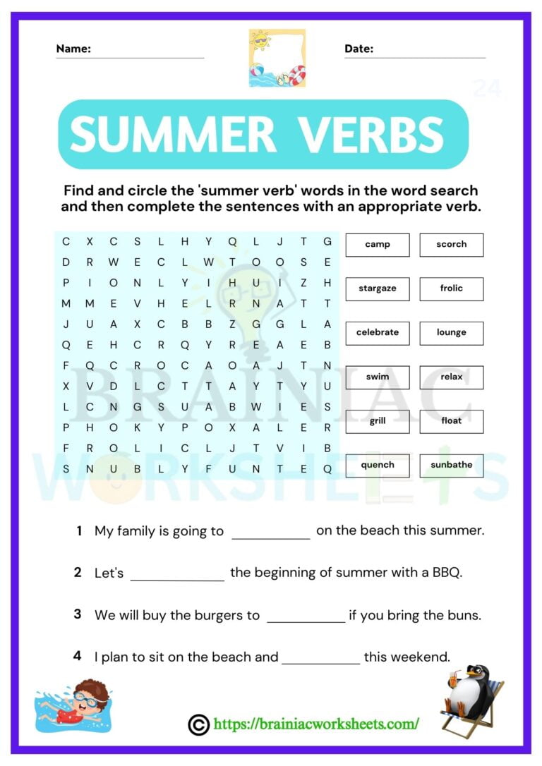 Summer Verbs Word Search Class 5 English Worksheet - Brainiac Worksheets