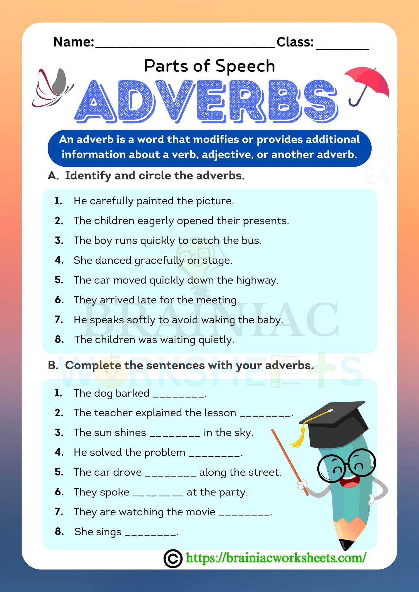 Adverbs Worksheet For Class 4 Parts Of Speech - Brainiac Worksheets