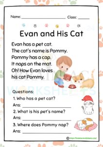 English Worksheet For Class 1 Reading Comprehension Evan And His Cat ...