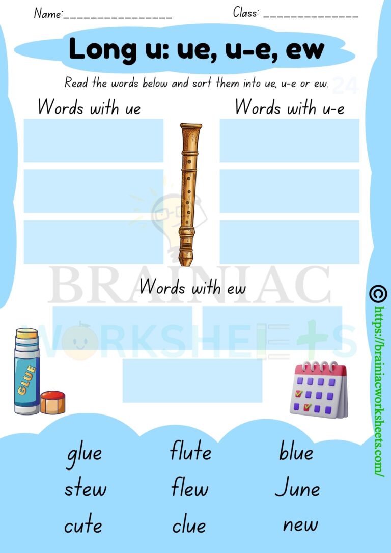 Long U Sound Spelling Phonics Ukg English Worksheet - Brainiac Worksheets