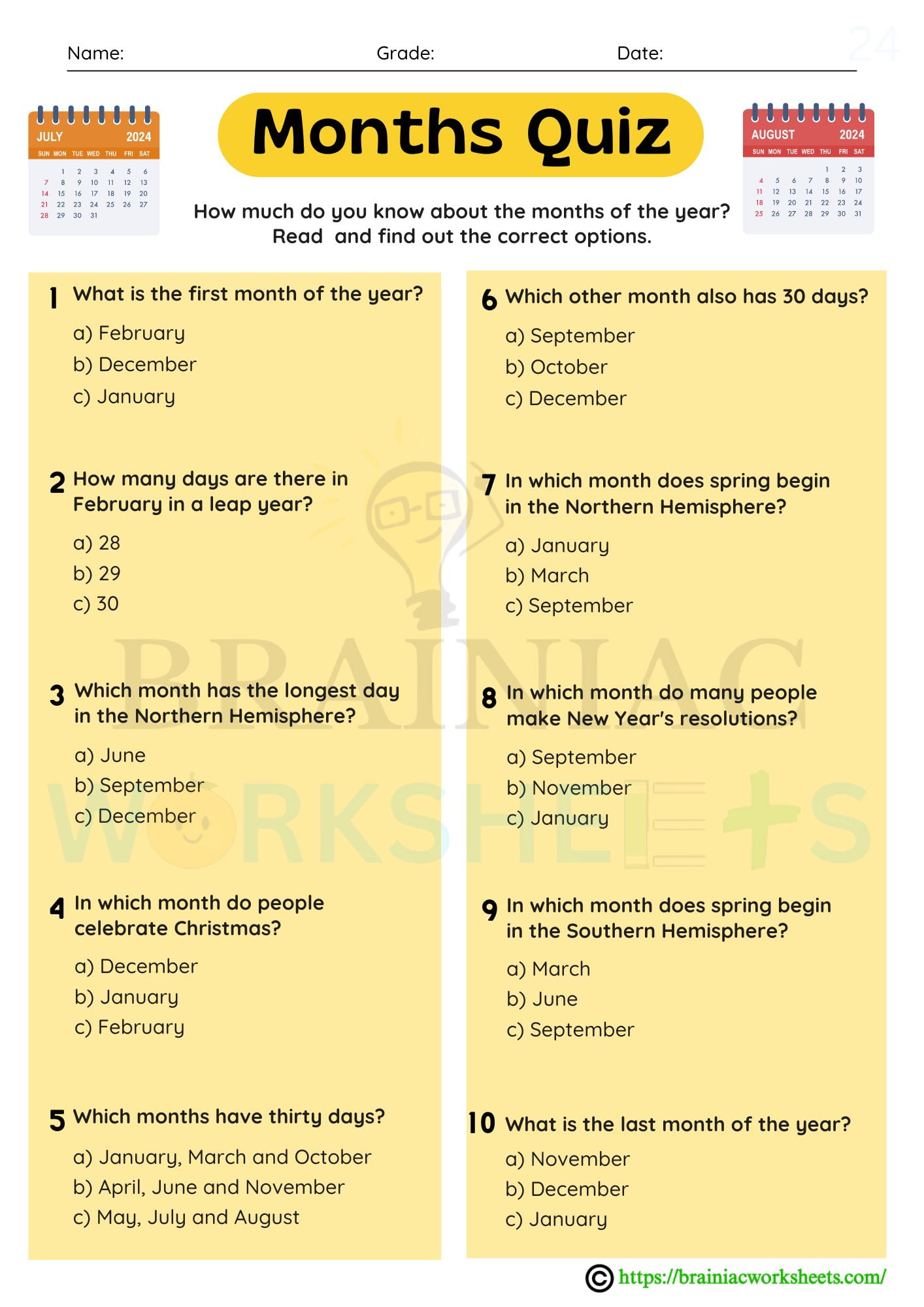 Months Quiz Class 3 Maths Worksheet - Brainiac Worksheets