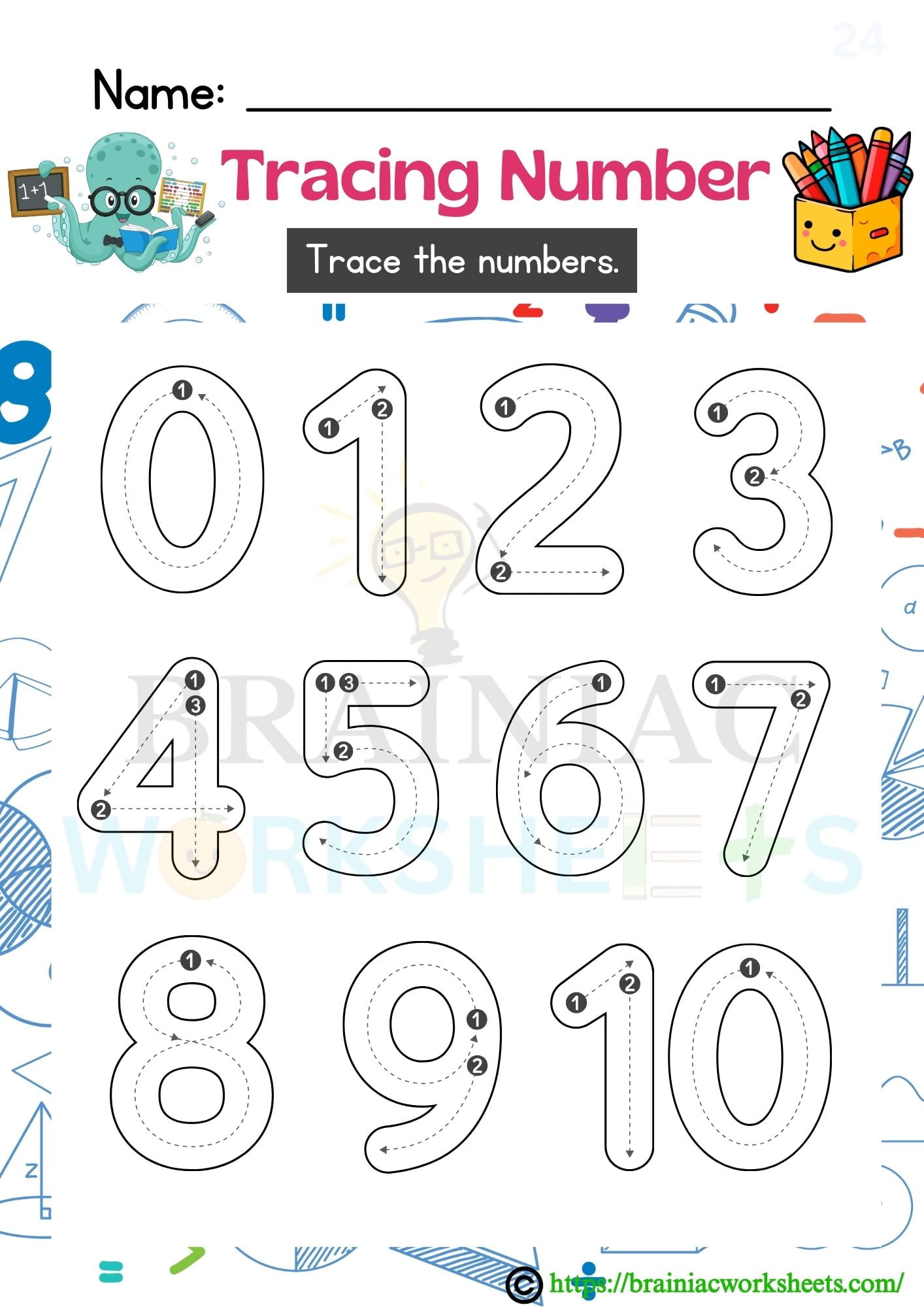 Number Tracing 0-10 Lkg Maths Worksheet - Brainiac Worksheets