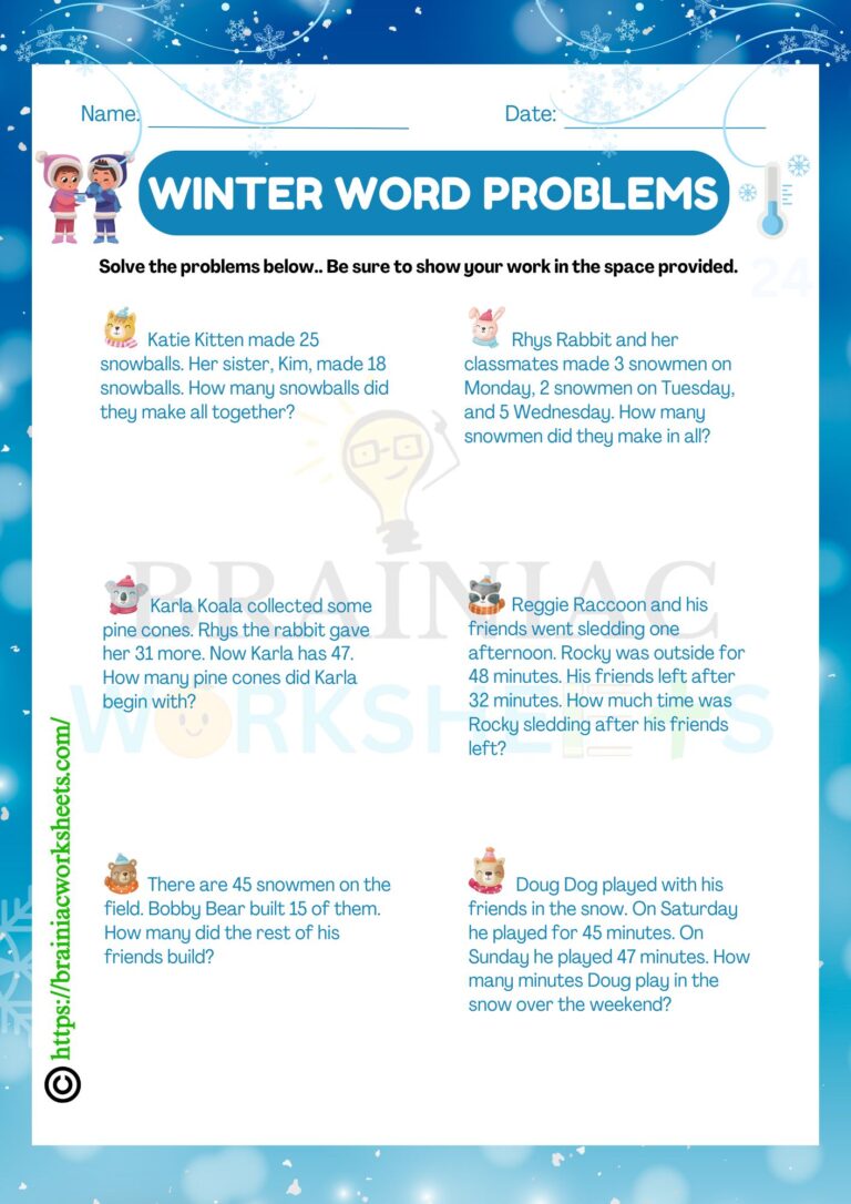 Winter Addition and Subtraction Word Problems Class 2 Maths Worksheet ...