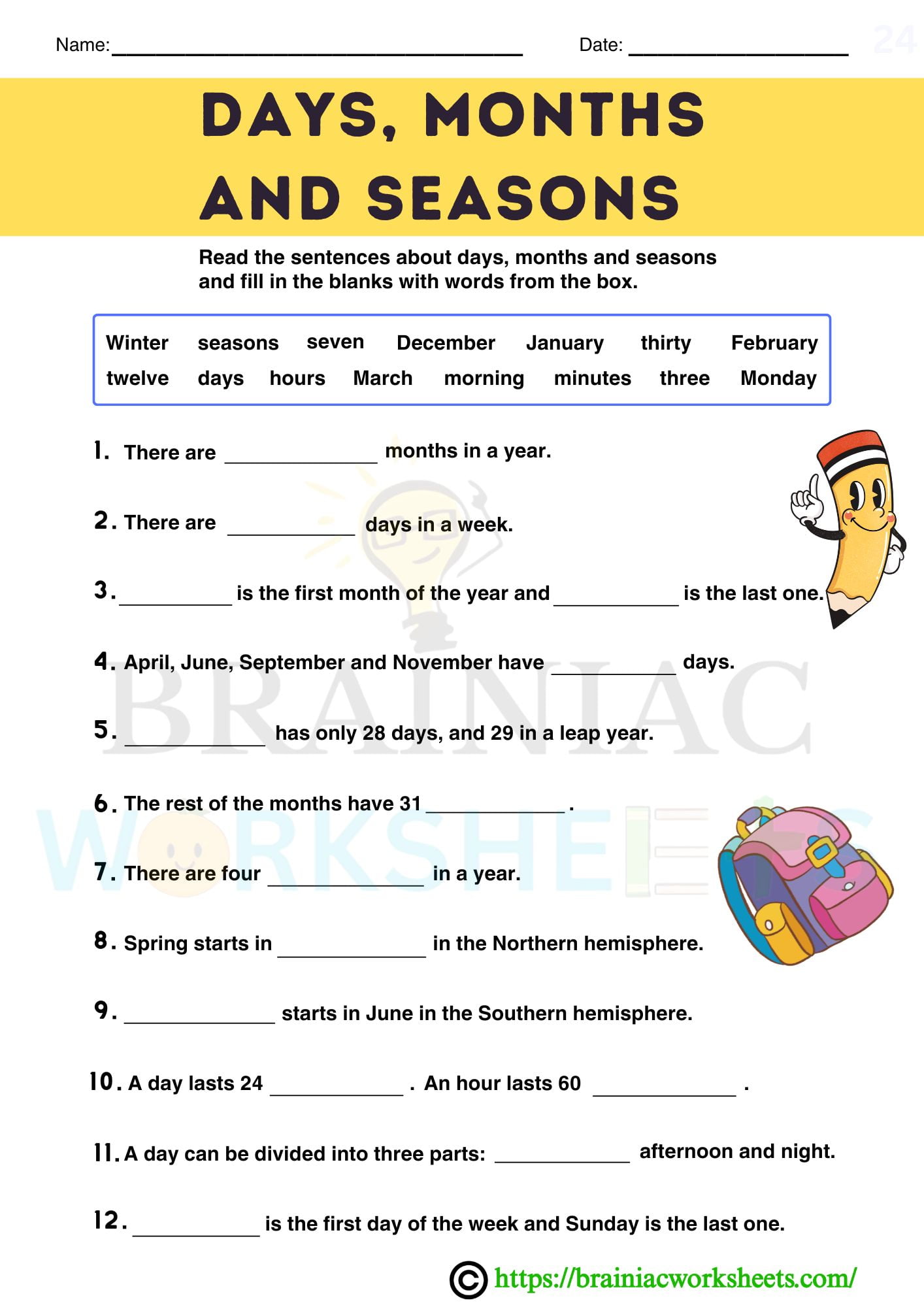 Days Months And Seasons Fill in the Blanks English Worksheet For Class ...
