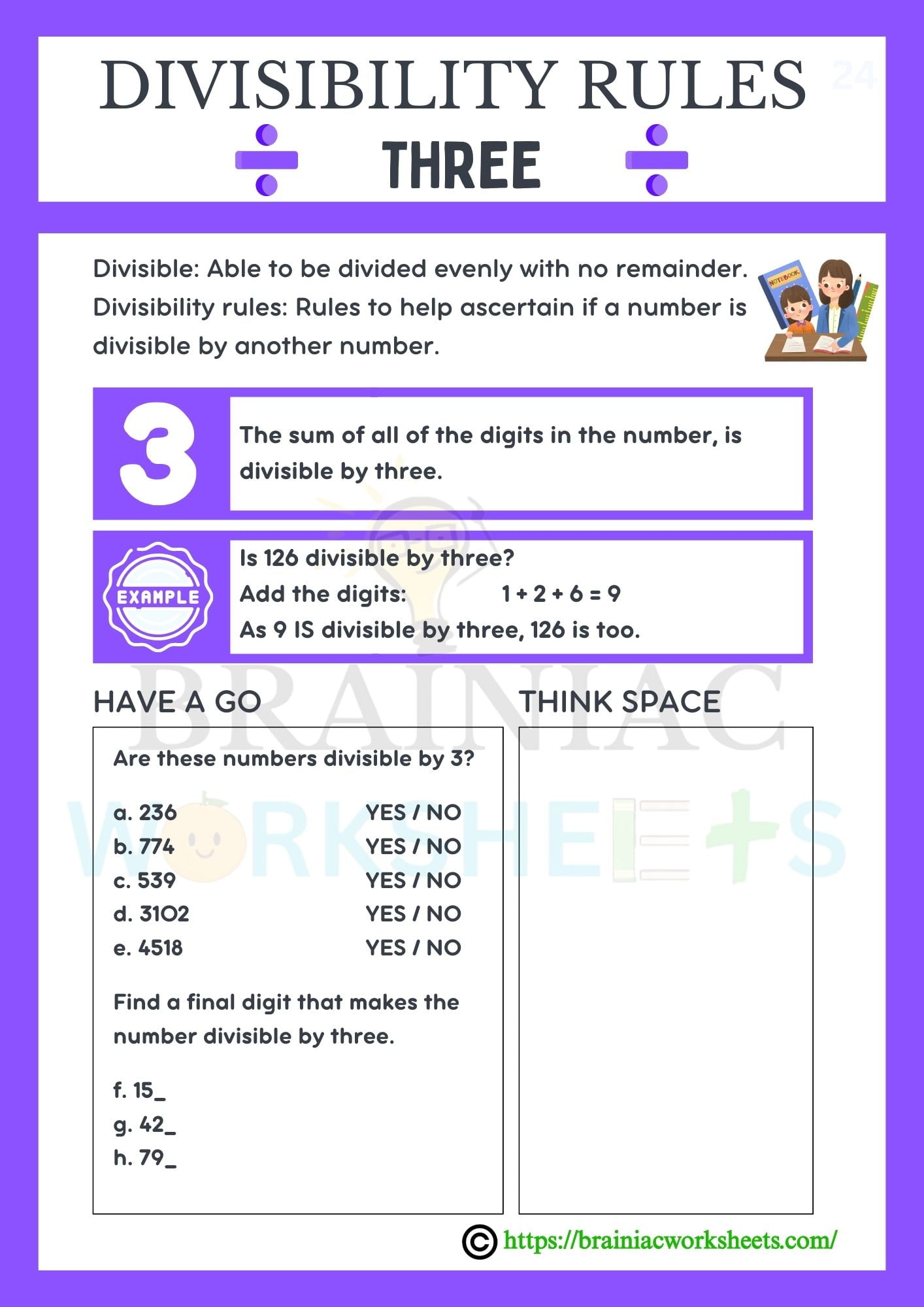 Divisibility Rules For Three Maths Worksheet For Class 3 - Brainiac ...