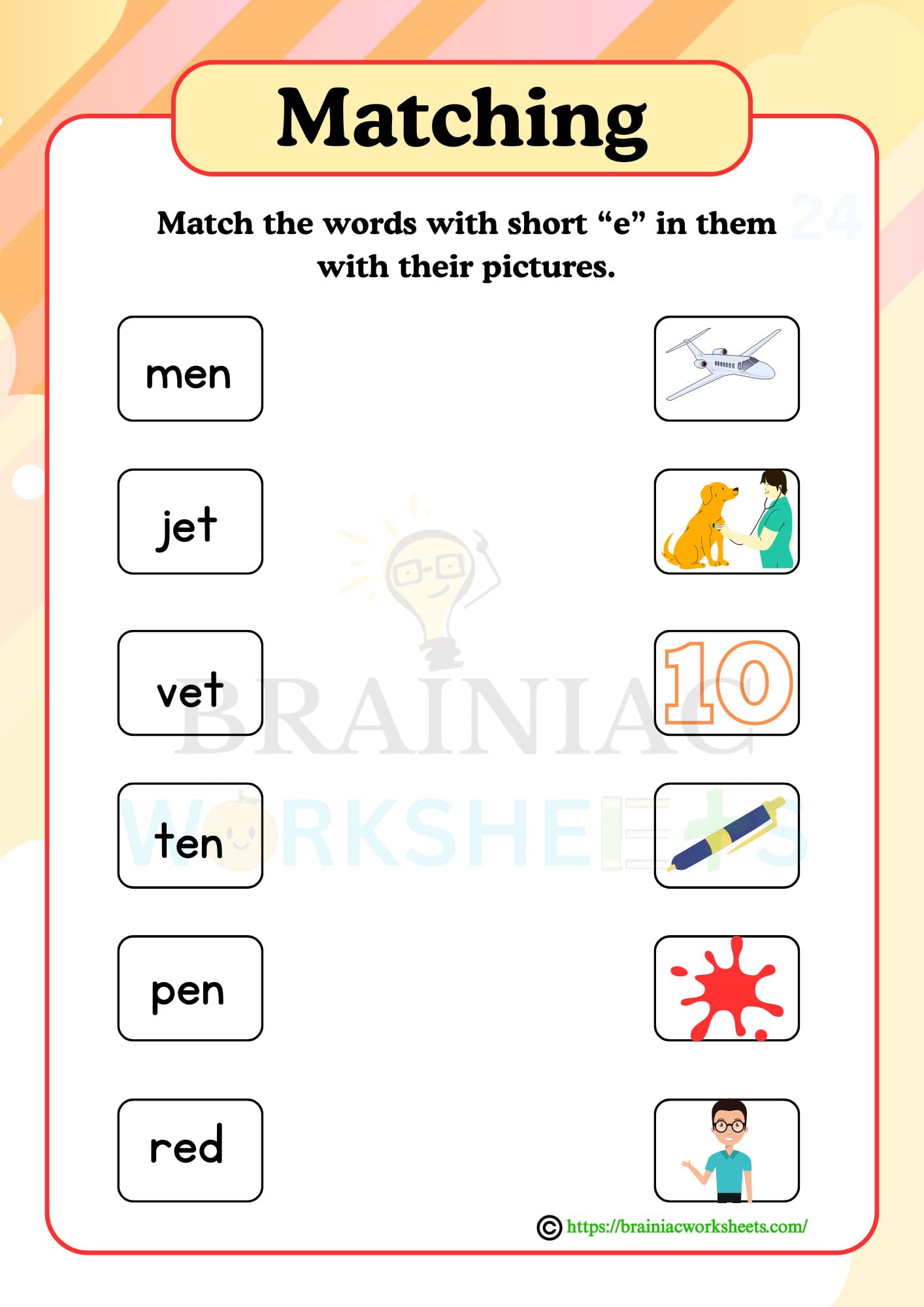 Lkg English Worksheet Matching Pictures With Short 'E' Words - Brainiac ...