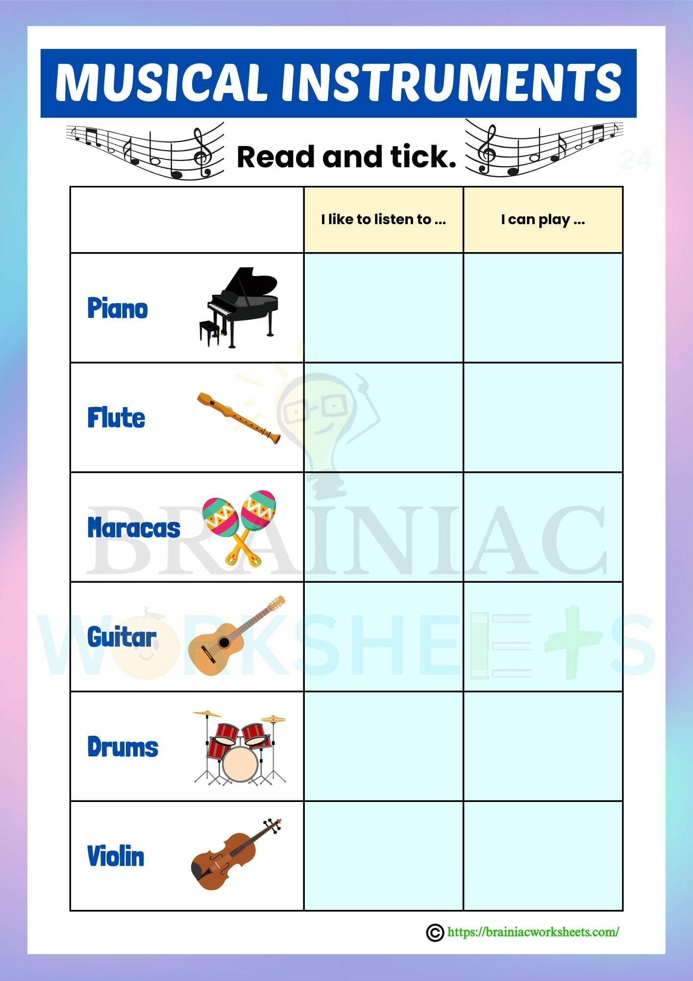 Musical Instruments Activity English Worksheet For Class 3 - Brainiac ...