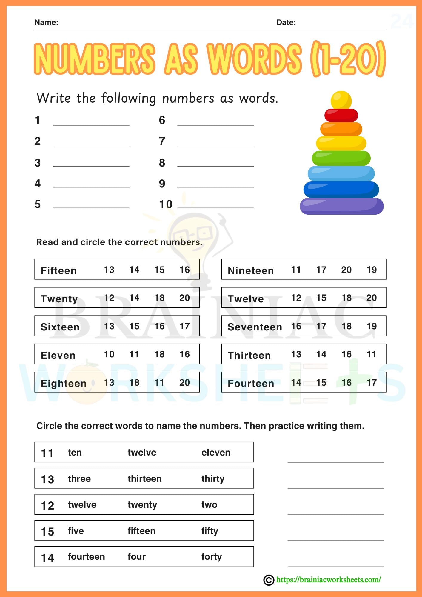Numbers As Words Maths Worksheet For Class 1 - Brainiac Worksheets