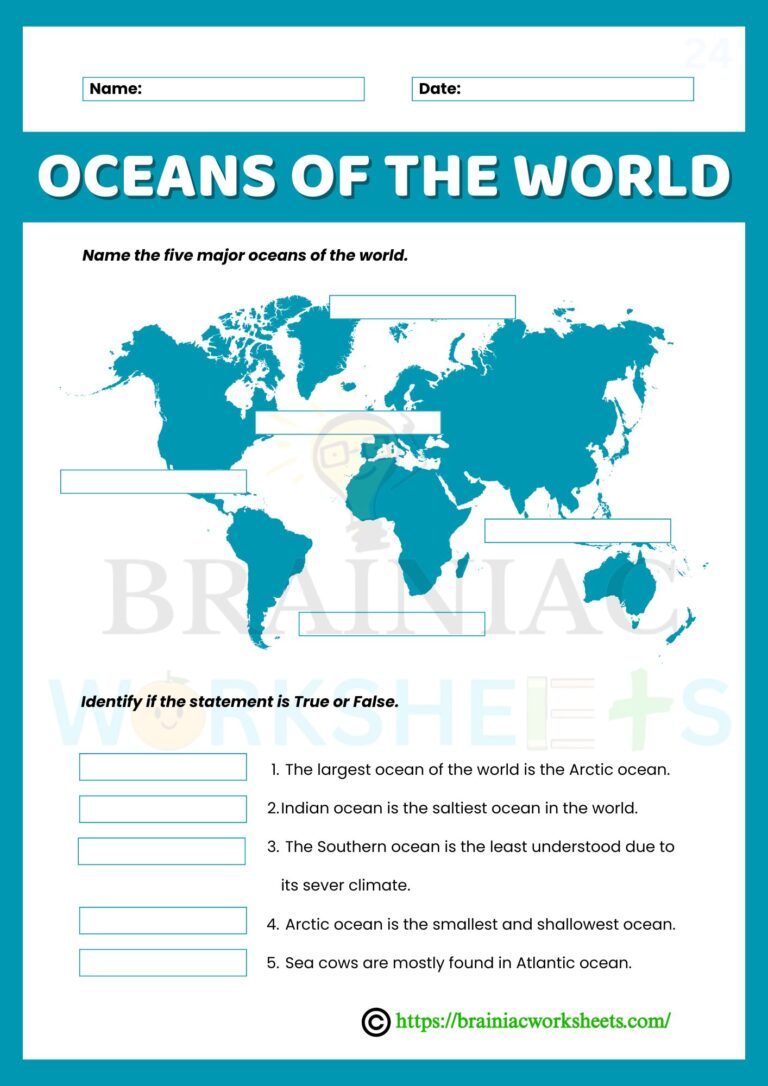 Oceans of the World GK Worksheet For Class 5 - Brainiac Worksheets