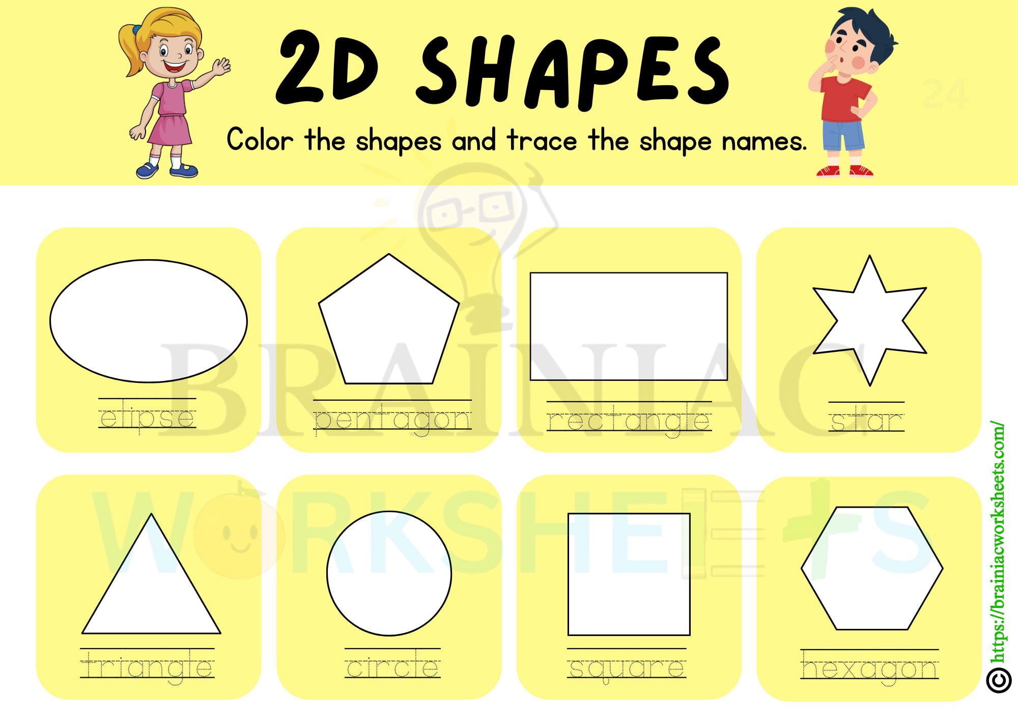 2D Shapes Coloring And Name Tracing Ukg Maths Worksheet - Brainiac ...