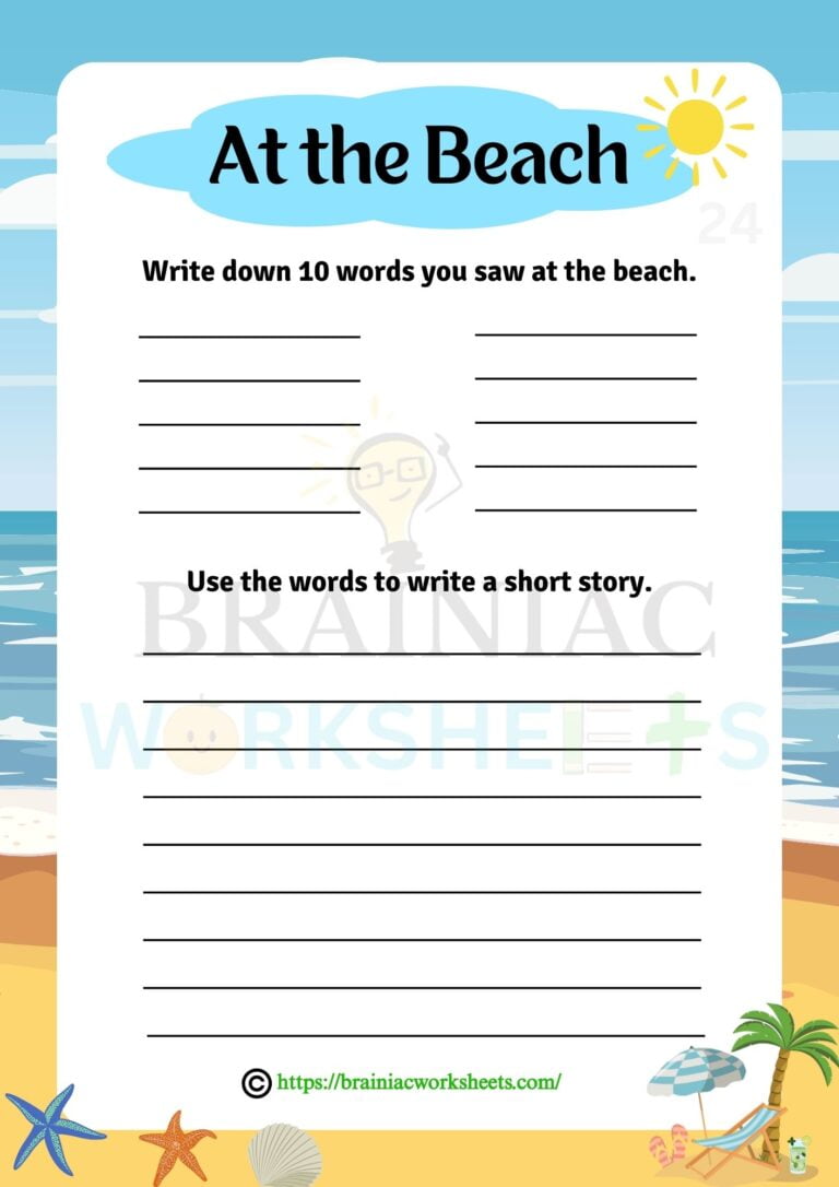 At The Beach Creative Writing English Worksheet For Class 5 - Brainiac ...