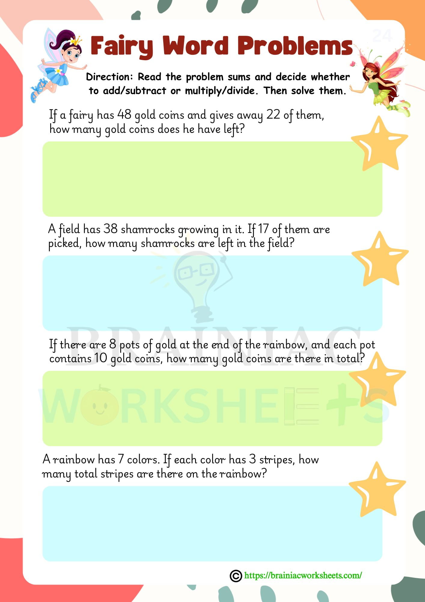 Fairy Word Problems Maths Worksheet For Class 2 - Brainiac Worksheets