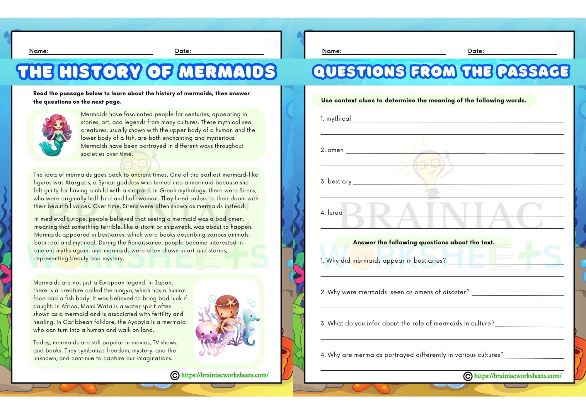 Mermaids Reading Comprehension English Worksheet For Class 5 - Brainiac ...