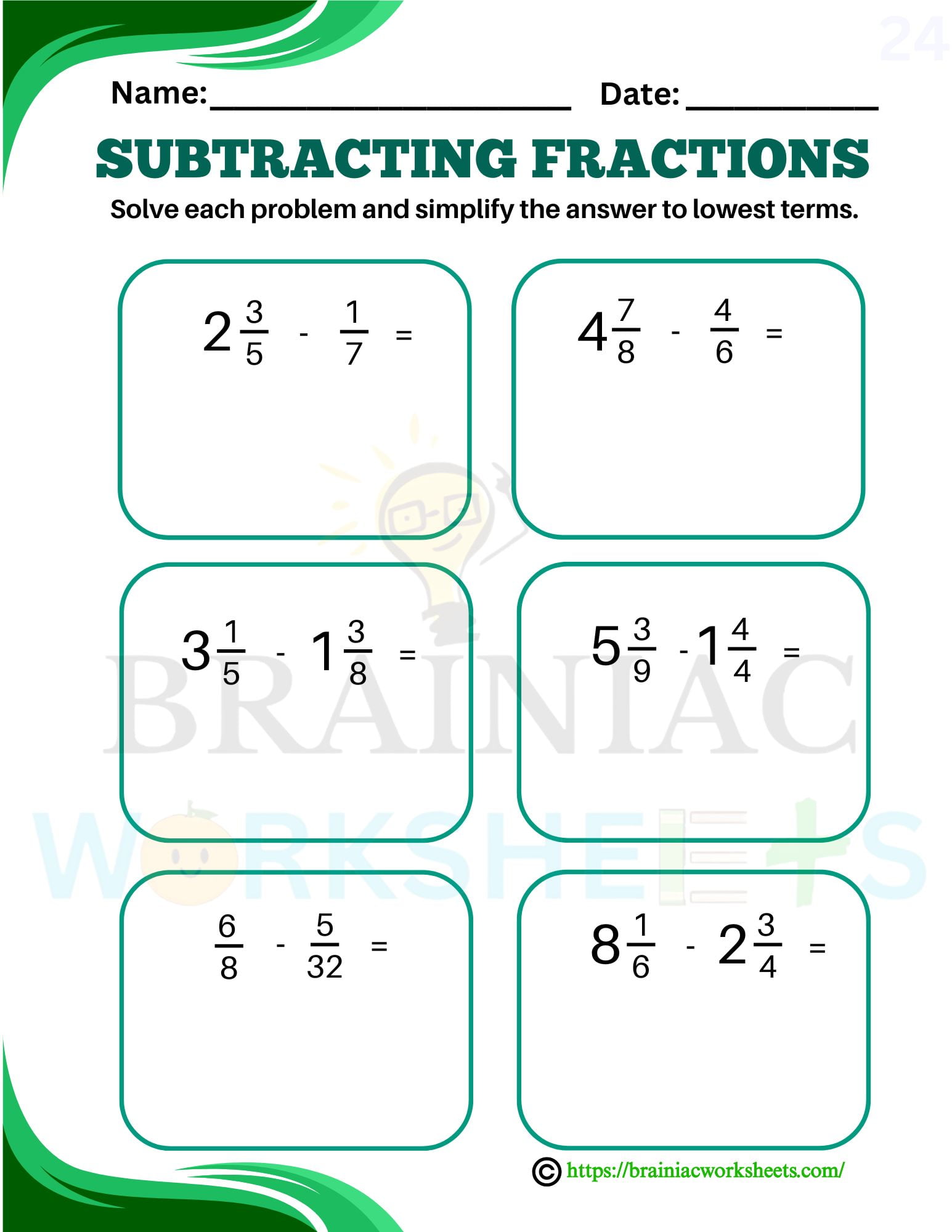 Subtraction Mixed Fractions Maths Worksheet For Class 5 - Brainiac ...
