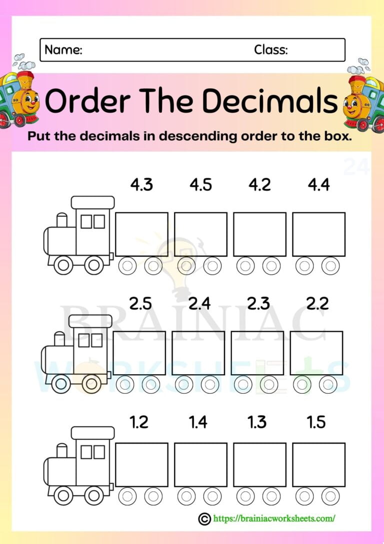 Toy Train Decimals Descending Order Maths Worksheet For Class 4 ...