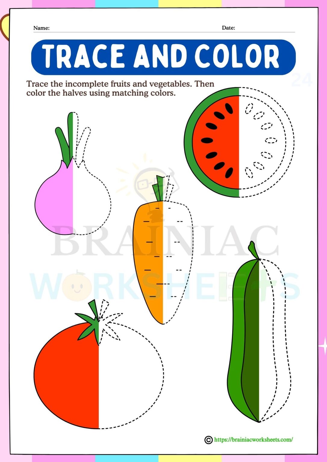 Trace and Color The Fruit And Vegetable Halves Ukg Drawing Worksheet ...