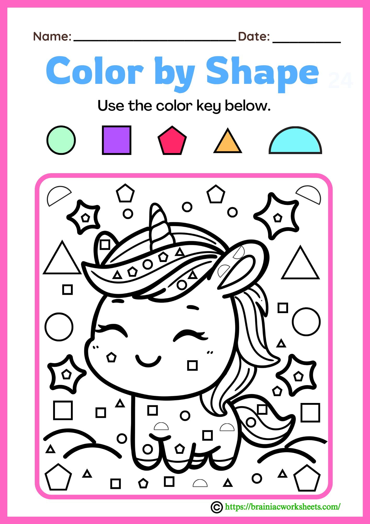 Unicorn Color by Shape Ukg Maths Worksheet - Brainiac Worksheets