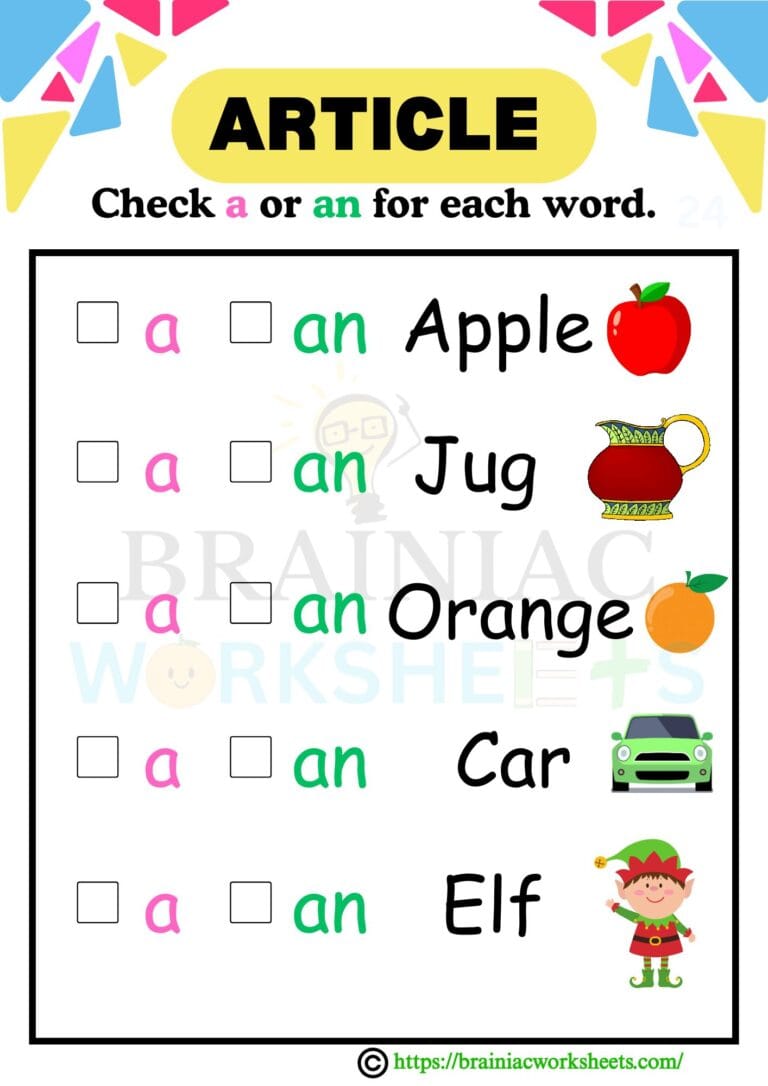 A Or An Article English Worksheet For Class 1 - Brainiac Worksheets