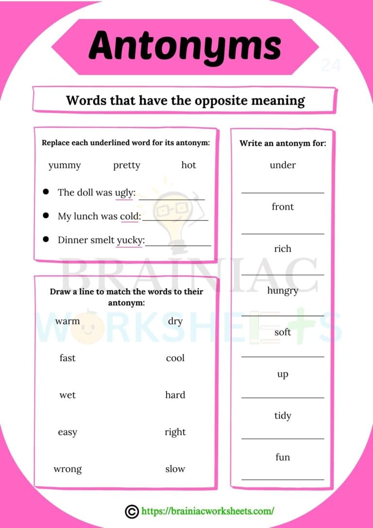 Antonym Activity English Worksheet For Class 2 - Brainiac Worksheets