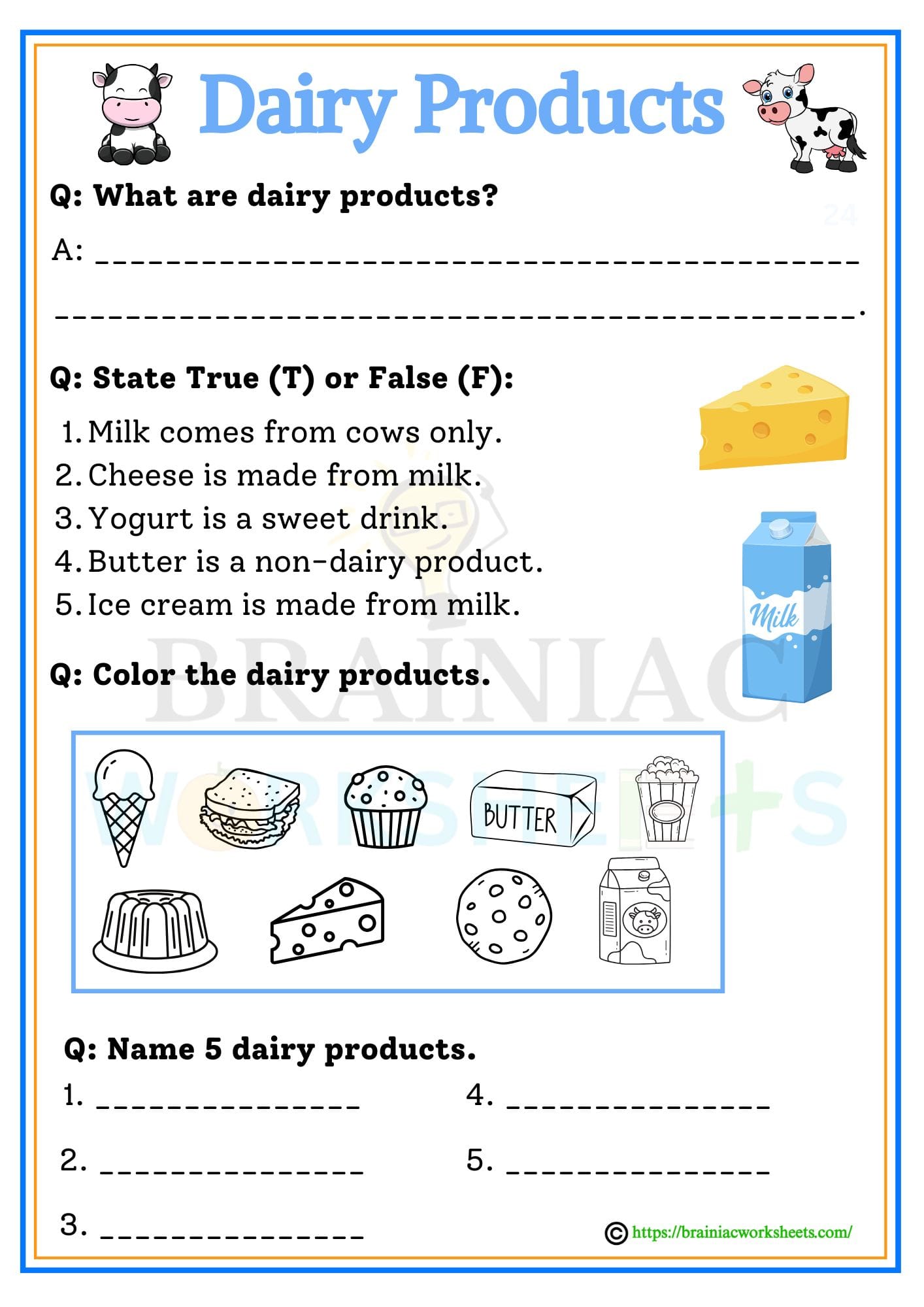 Dairy Products Activity Science Worksheet For Class 2 - Brainiac Worksheets