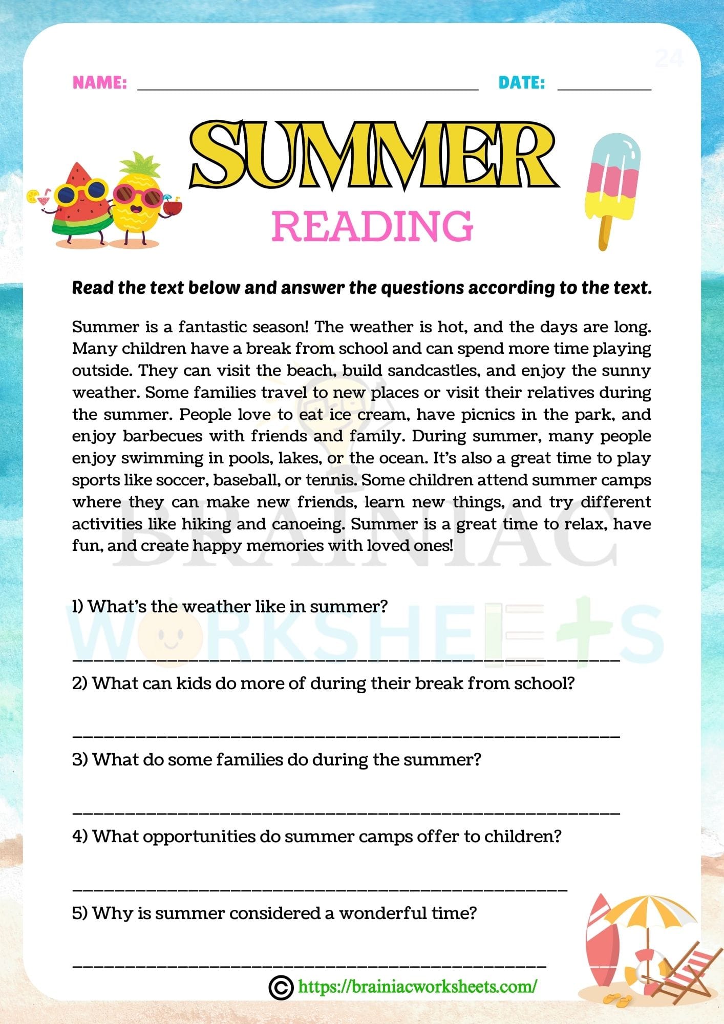 Summer Reading Comprehension English Worksheet For Class 4 - Brainiac ...