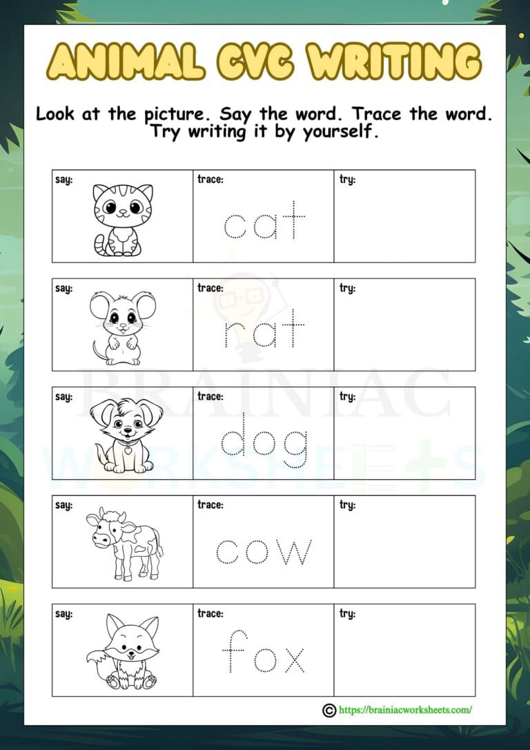 CVC Animal Words Say Trace Write Ukg English Worksheet - Brainiac ...
