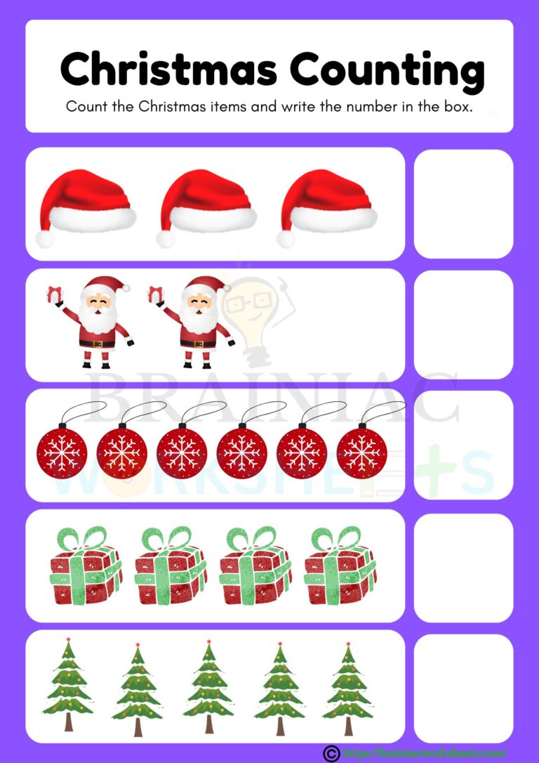 Christmas Counting Purple Lkg Maths Worksheet - Brainiac Worksheets