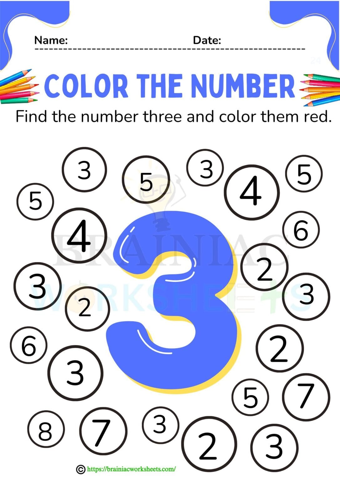 Color The Number 3 Lkg Maths Worksheet - Brainiac Worksheets