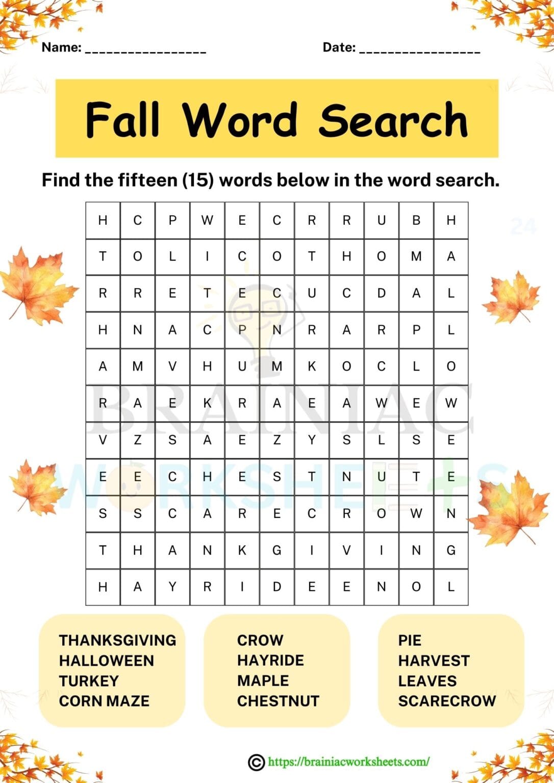 Fall Vocabulary Word Search English Worksheet For Class 4 - Brainiac ...