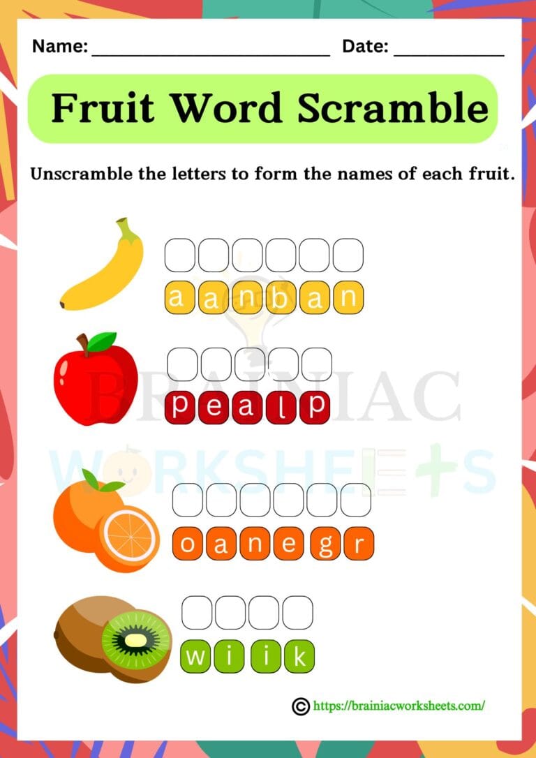 Fruit Word Scramble Ukg English Worksheet - Brainiac Worksheets