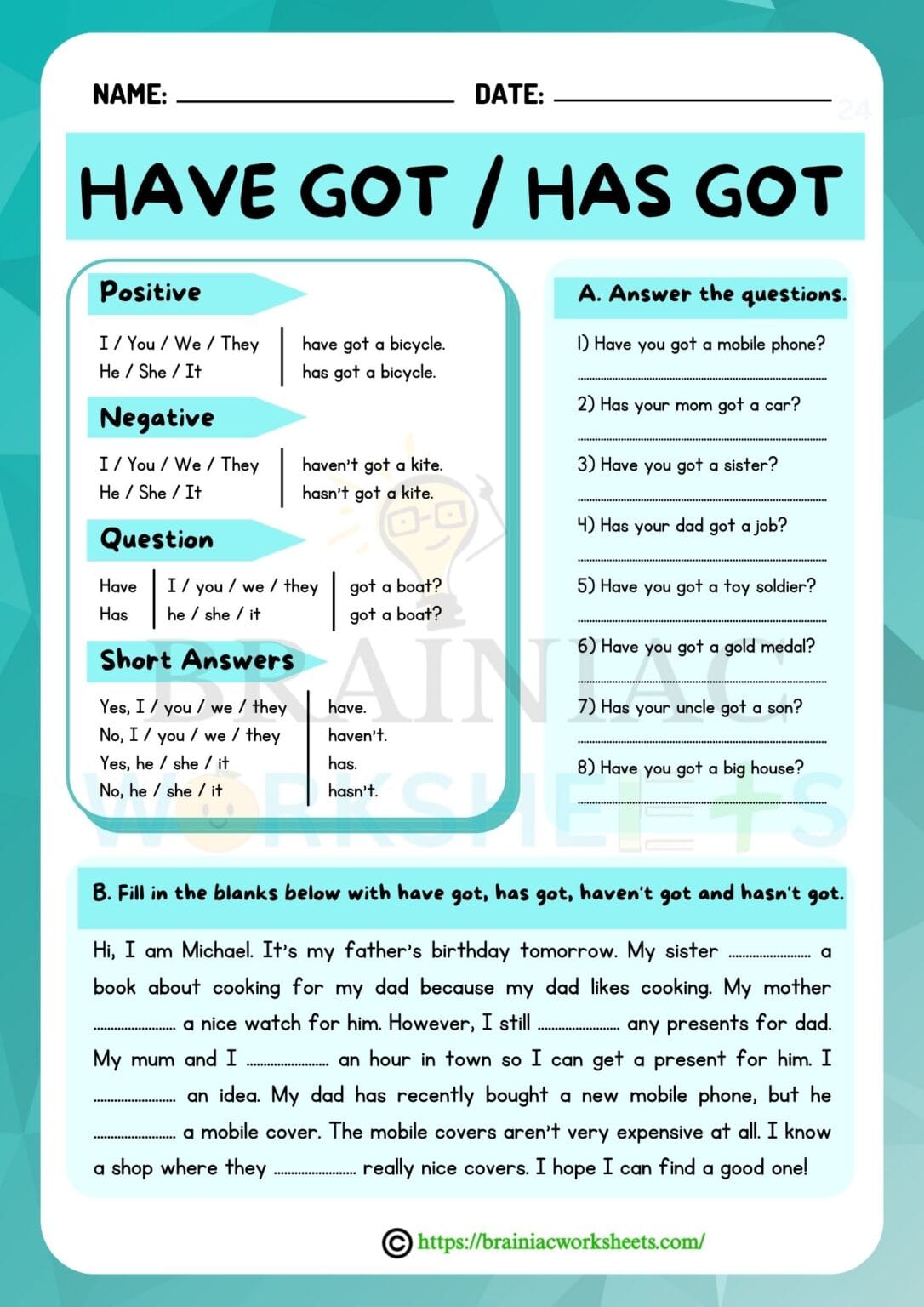 Have Got Or Has Got (Possession) English Worksheet For Class 3 ...