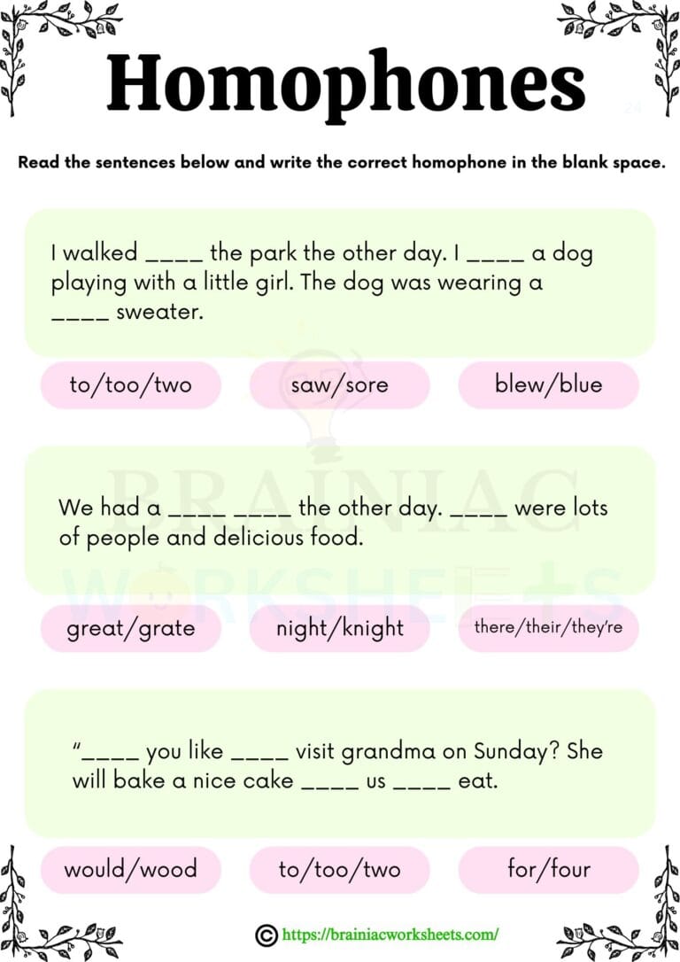 Homophone Sentences English Worksheet For Class 4 - Brainiac Worksheets