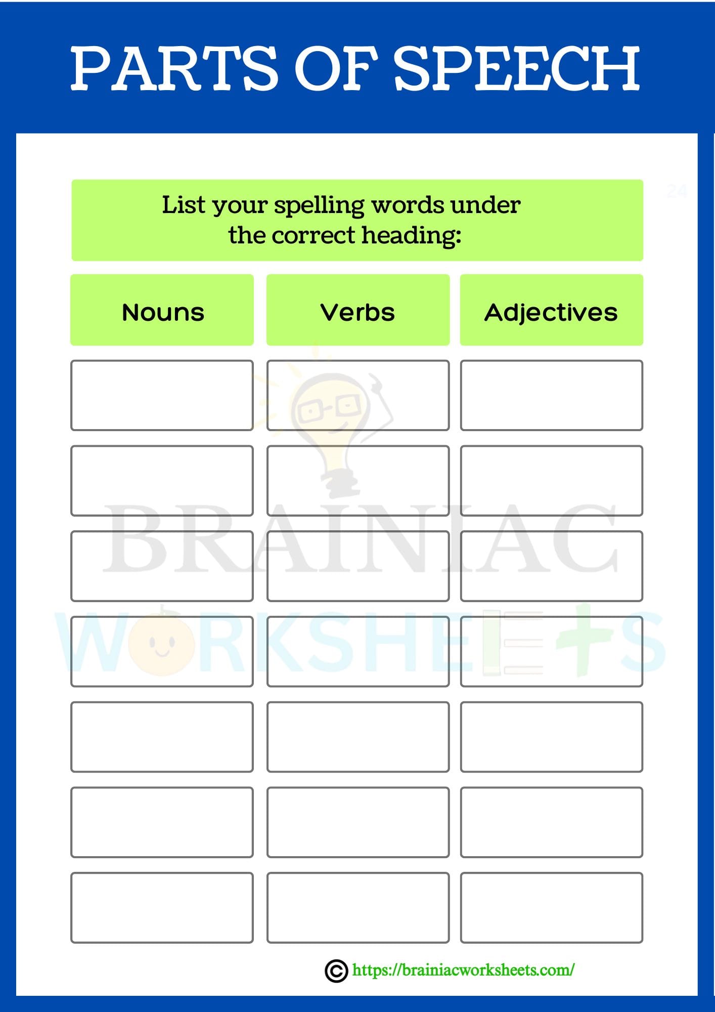Parts of Speech Noun Verb Adjective English Worksheet For Class 4 ...
