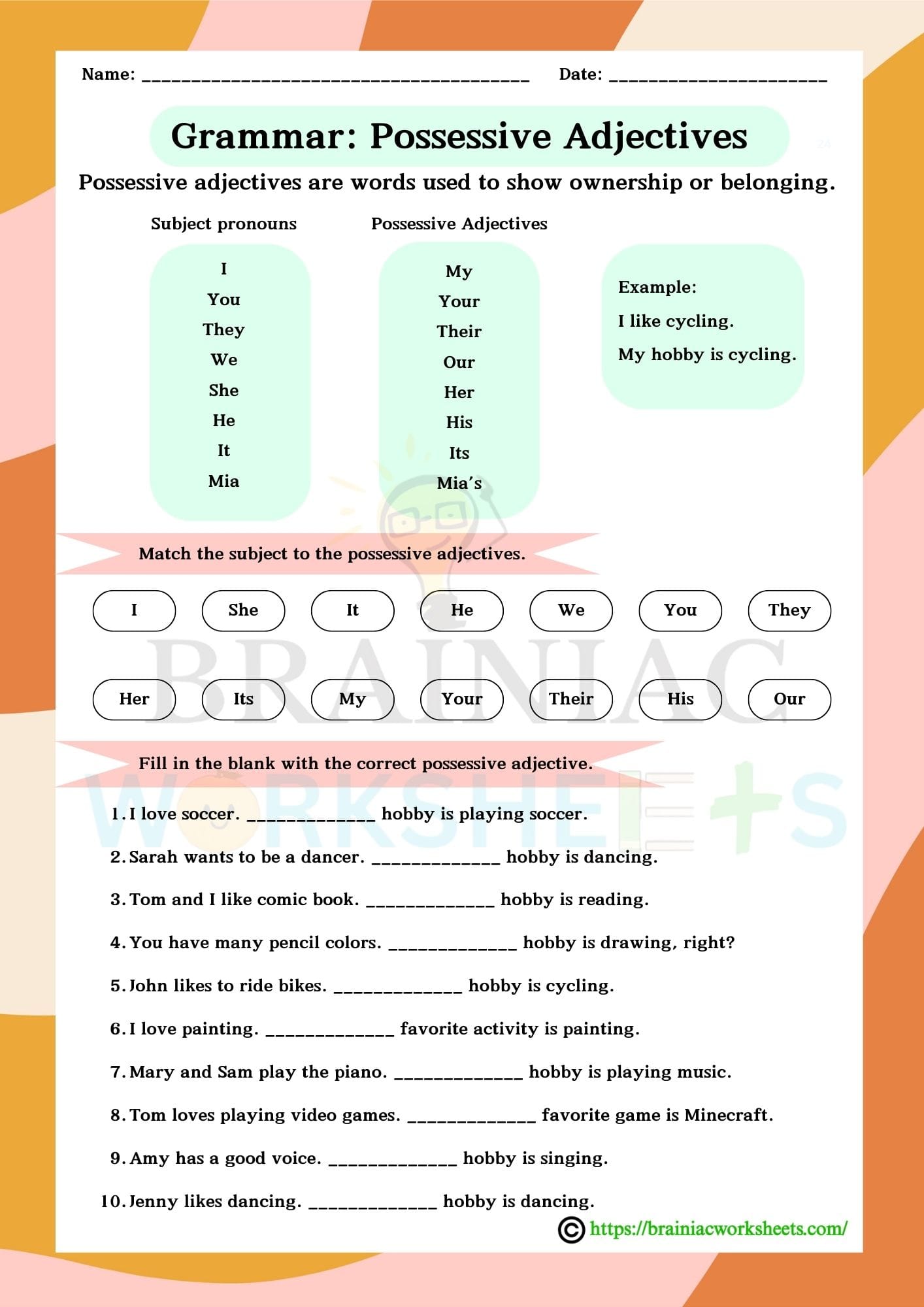 Possessive Adjectives English Worksheet For Class 4 - Brainiac Worksheets