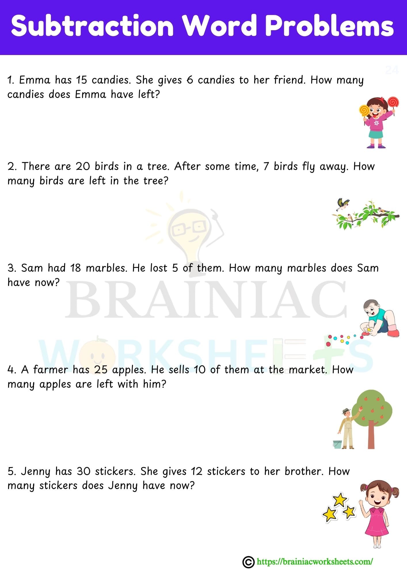 Subtraction Word Problems Maths Worksheet For Class 2 - Brainiac Worksheets
