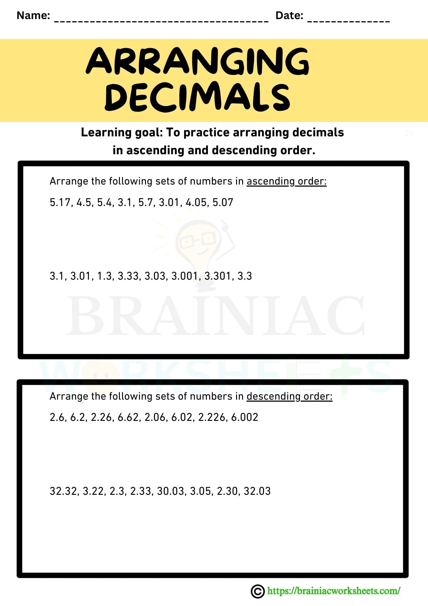 Arranging Decimal Numbers Ascending And Descending Order Maths Worksheet For Class 4 - Brainiac ...