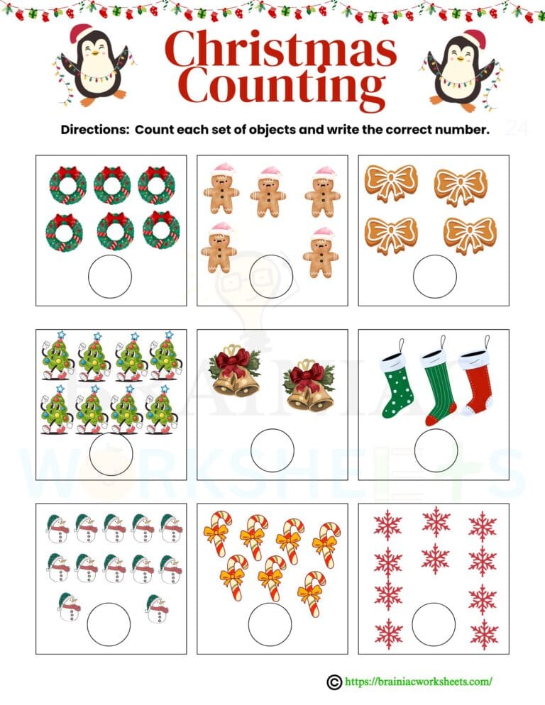 Christmas Counting Lkg Maths Worksheet - Brainiac Worksheets