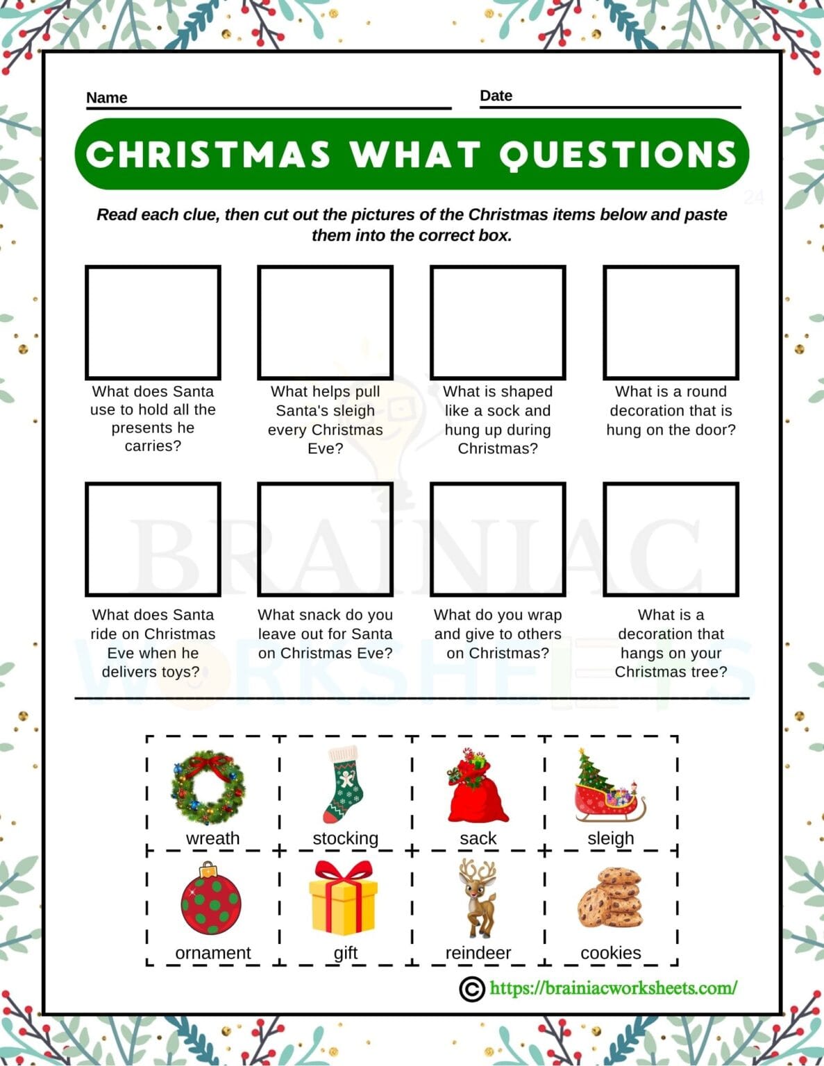 Christmas Questions Cut And Paste Activity Drawing Worksheet For Class ...