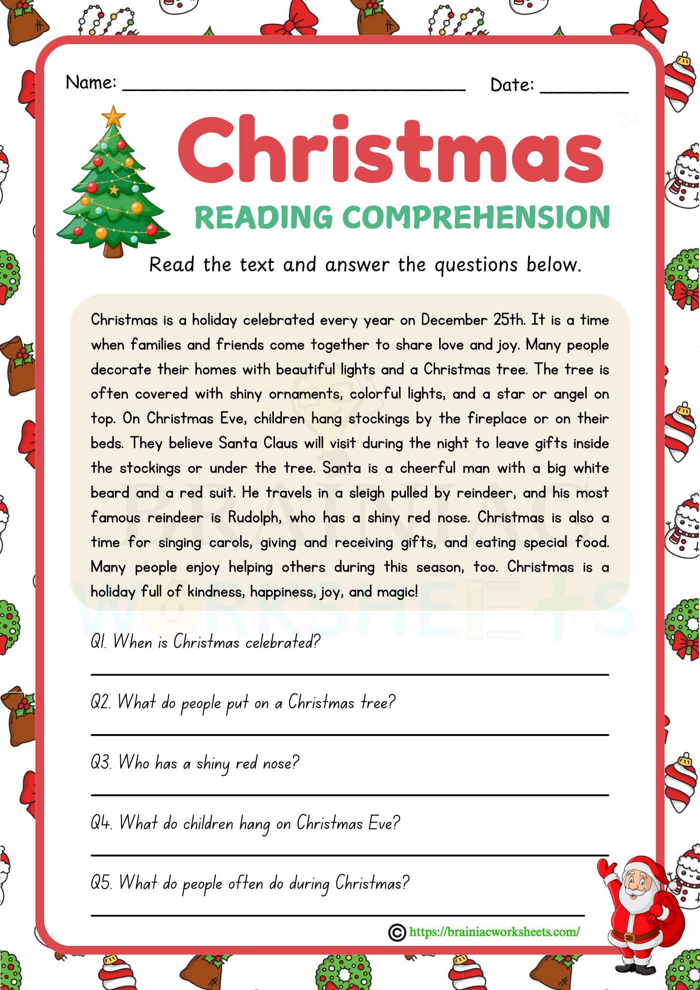 Christmas Story Reading Comprehension English Worksheet For Class 3 ...