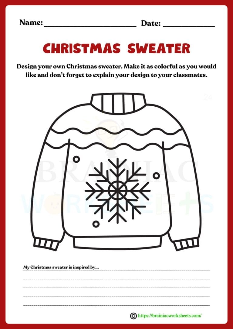 Christmas Sweater Coloring And Writing Drawing Worksheet For Class 3 ...