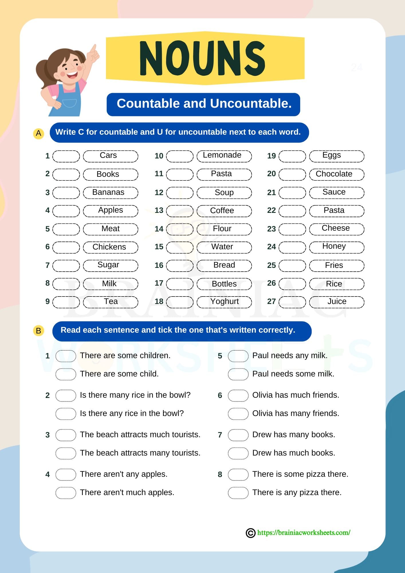 Countable And Uncountable Nouns English Worksheet For Class 2 ...
