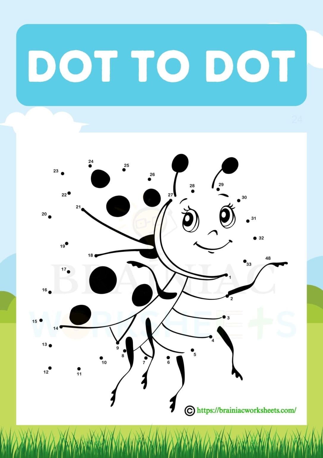 Dot To Dot Lady Bug Drawing Worksheet For Class 1 - Brainiac Worksheets
