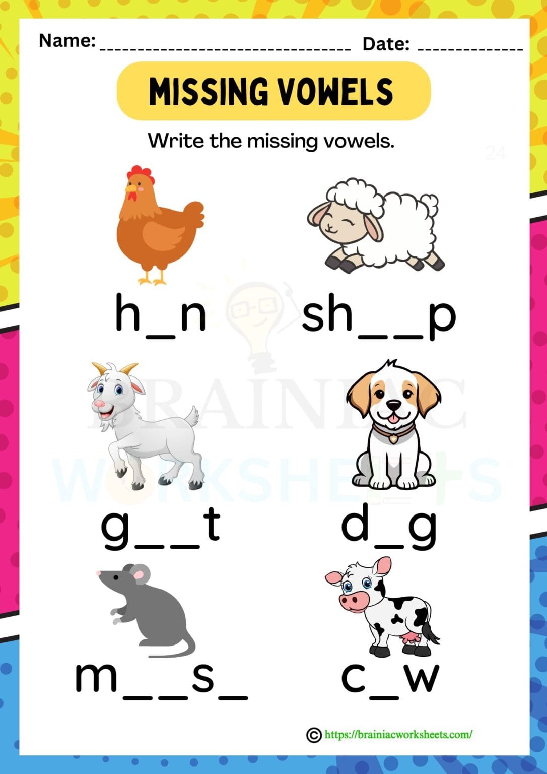 Missing Vowel Words Ukg English Worksheet - Brainiac Worksheets