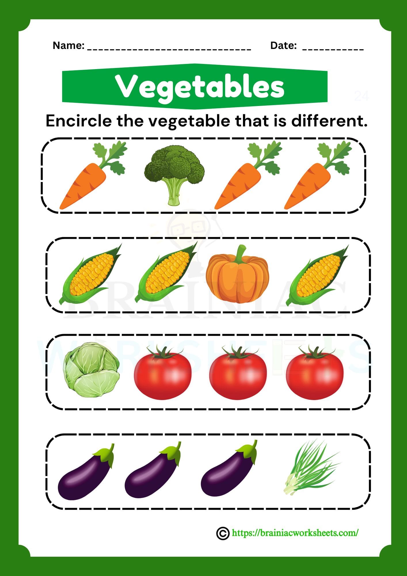 Odd One Out Vegetables Identification Lkg Maths Worksheet - Brainiac ...