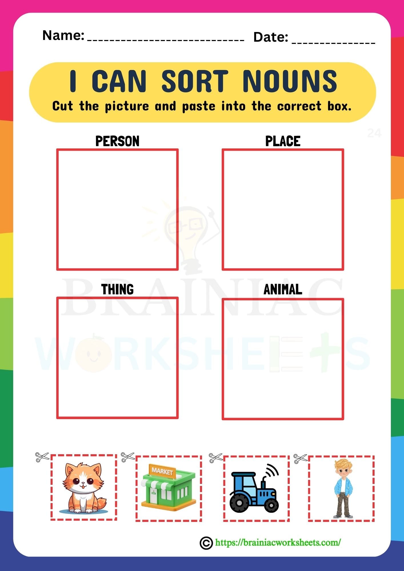 Person Place Animal Thing Noun Cut And Paste Activity English Worksheet ...